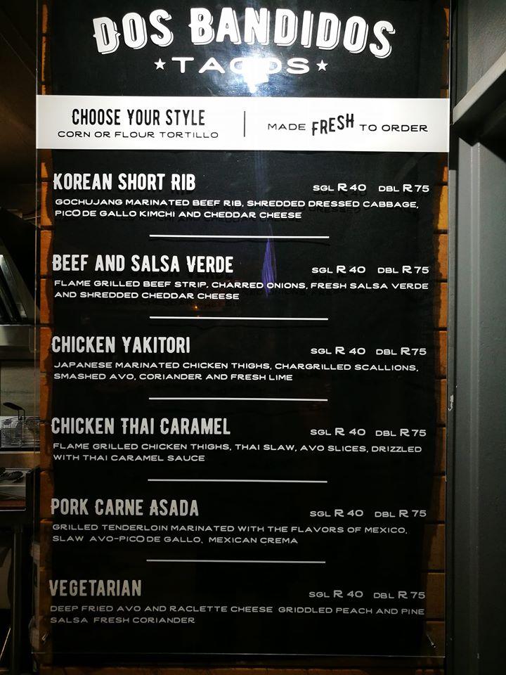 Menu at Dos Bandidos Taco restaurant, Cape Town