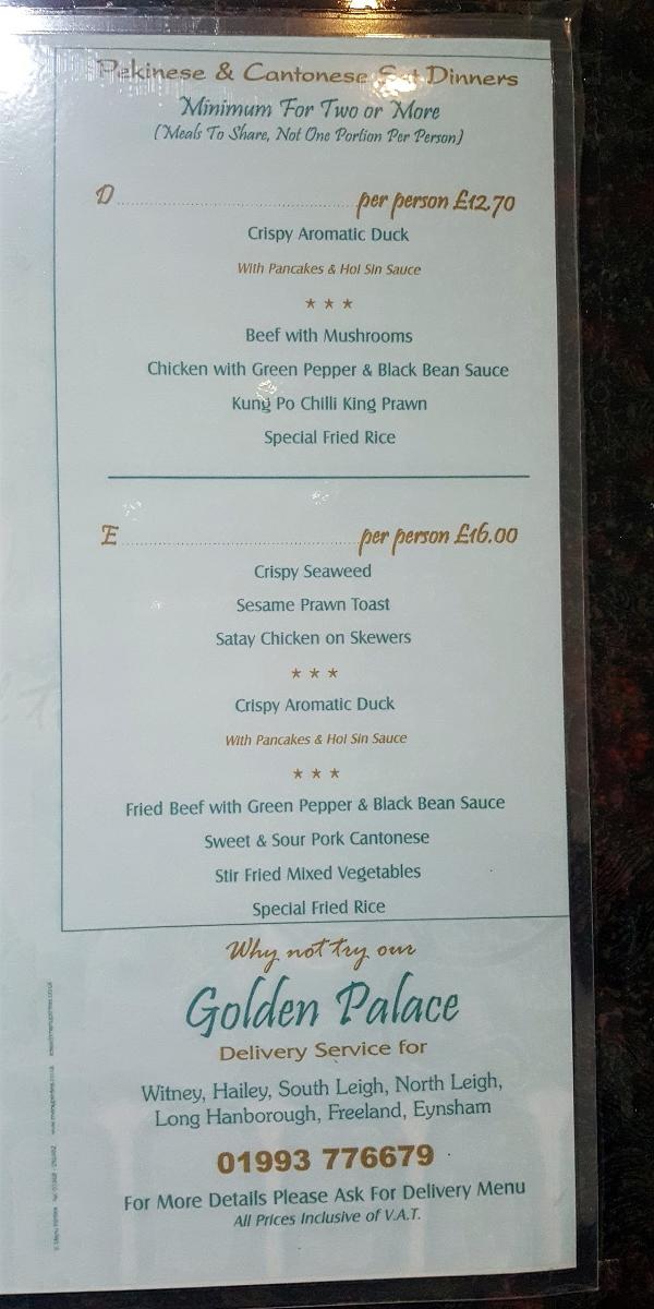 Menu at Golden Palace Chinese Take Away fast food, Witney, The ...