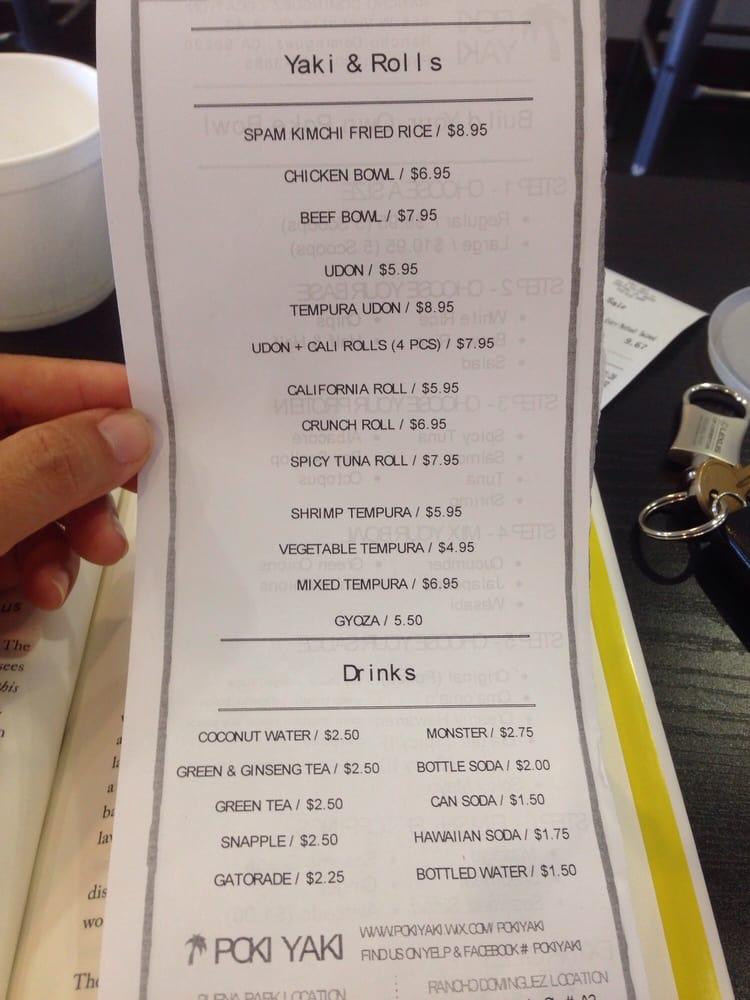 Menu at Poki Yaki restaurant, Buena Park