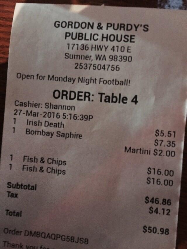 Menu at Purdy's pub & bar, Sumner, 64th St E