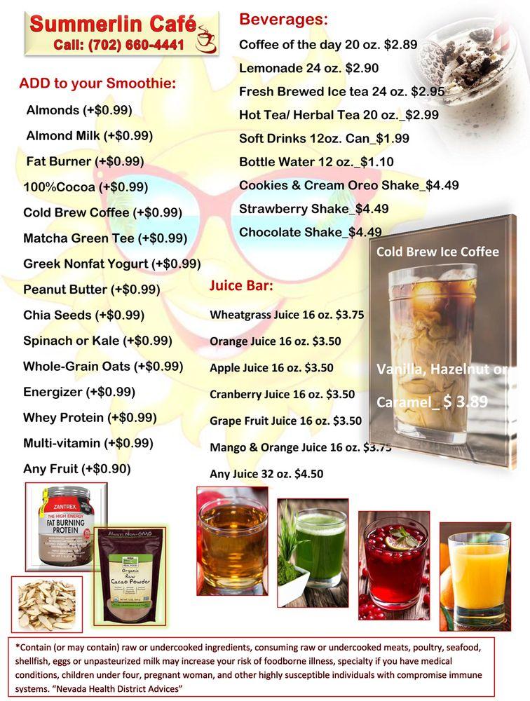 Menu at Summerlin Smoothies pub & bar, Las Vegas