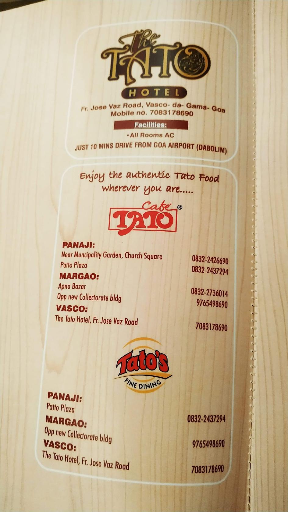 Menu at Tato's Fine Dining, Margao