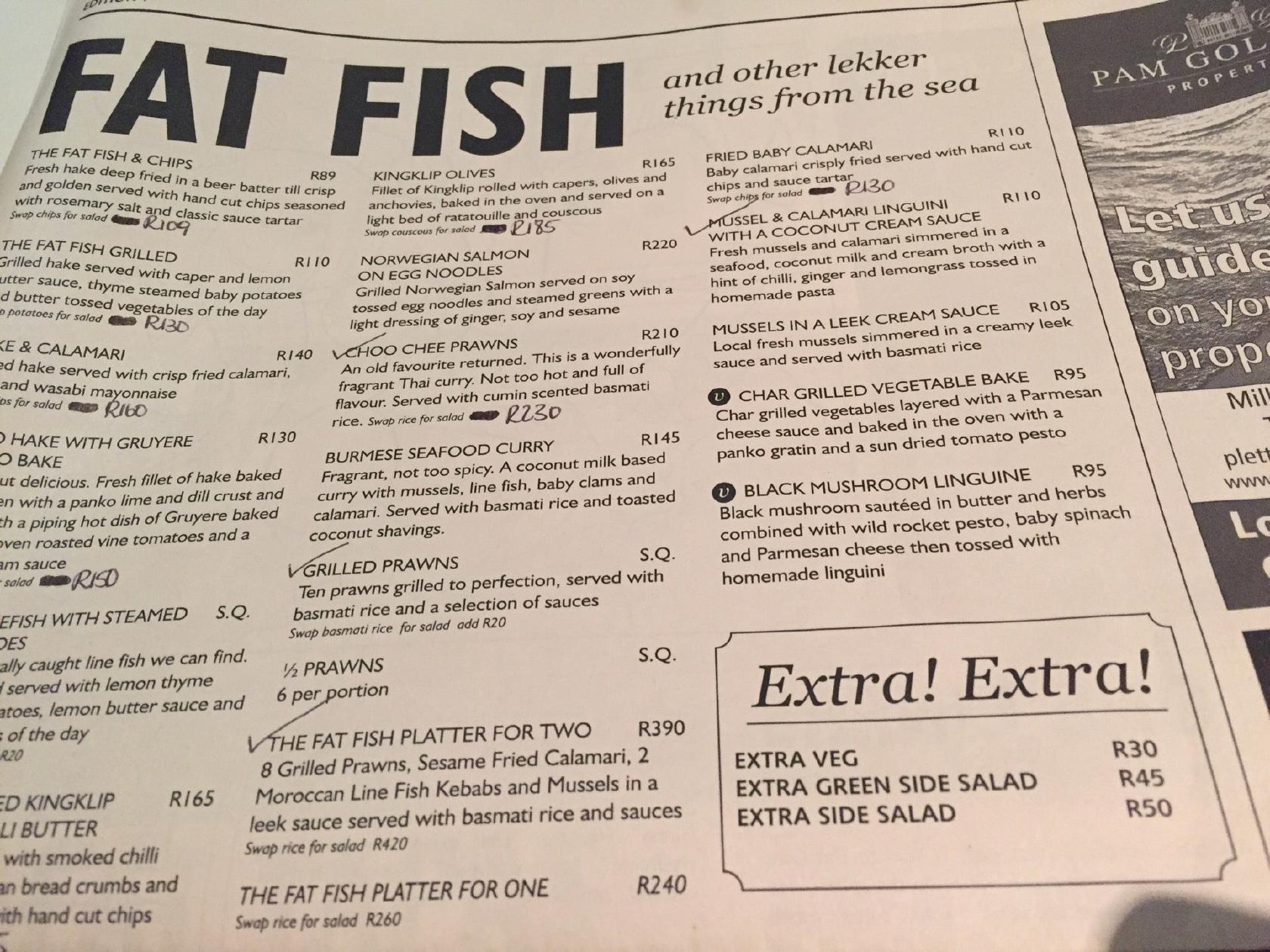 Menu at The Fat Fish restaurant, Plettenberg Bay