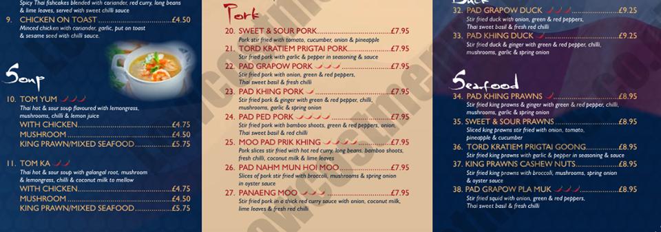 Menu at Toddington Thai restaurant, Toddington