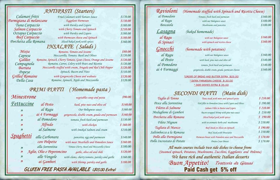 Menu at Trattoria da Gianni pub & bar, Zihuatanejo