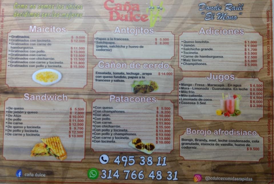 Menu at Caña Dulce restaurant, Medellín