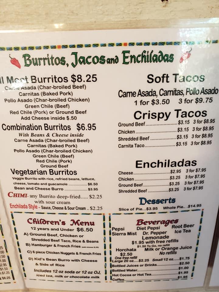 Menu at Casa Rivera's Taco Express restaurant, Oracle