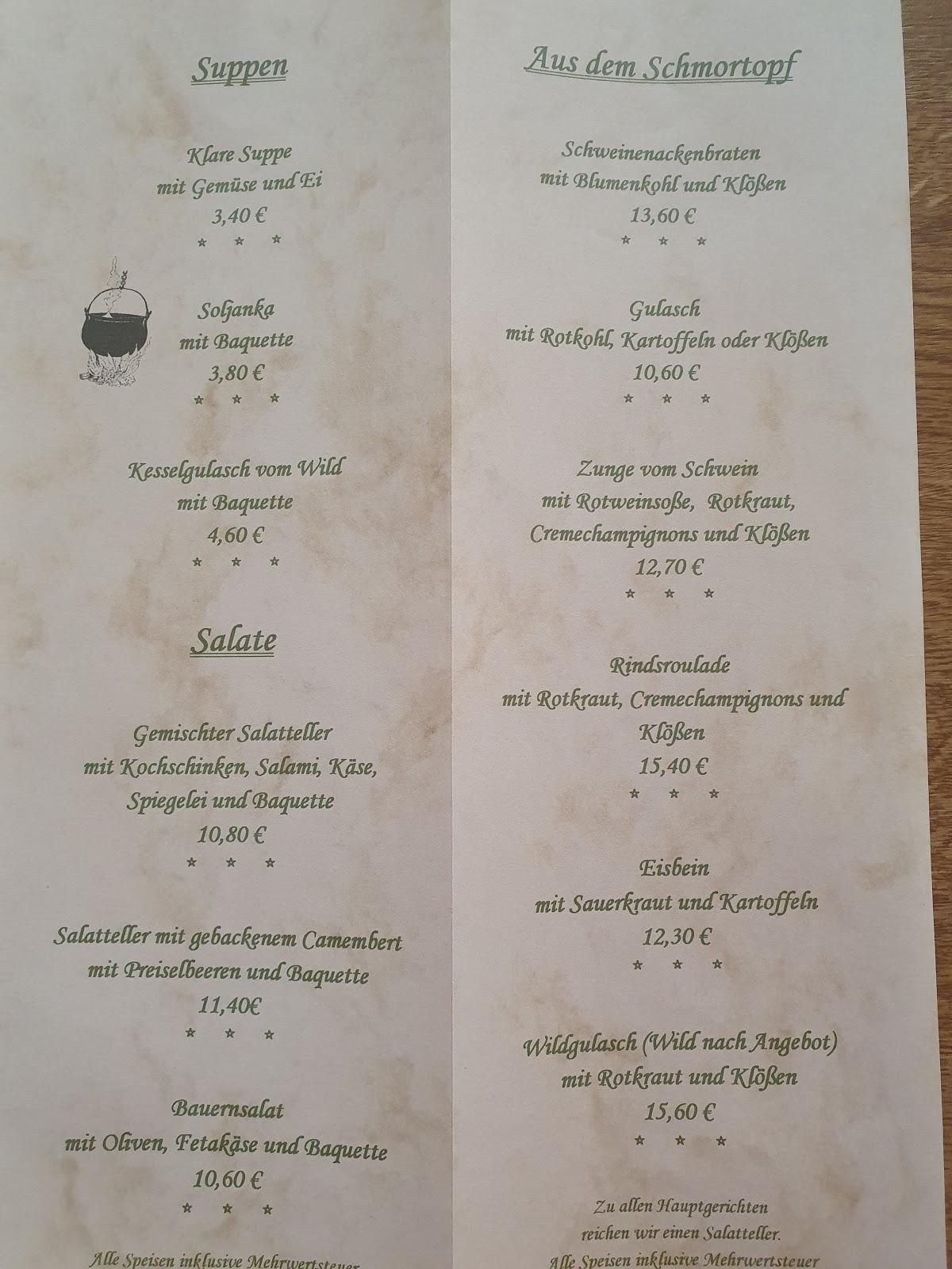 Menu at Gasthaus Schmidt restaurant, Meineweh