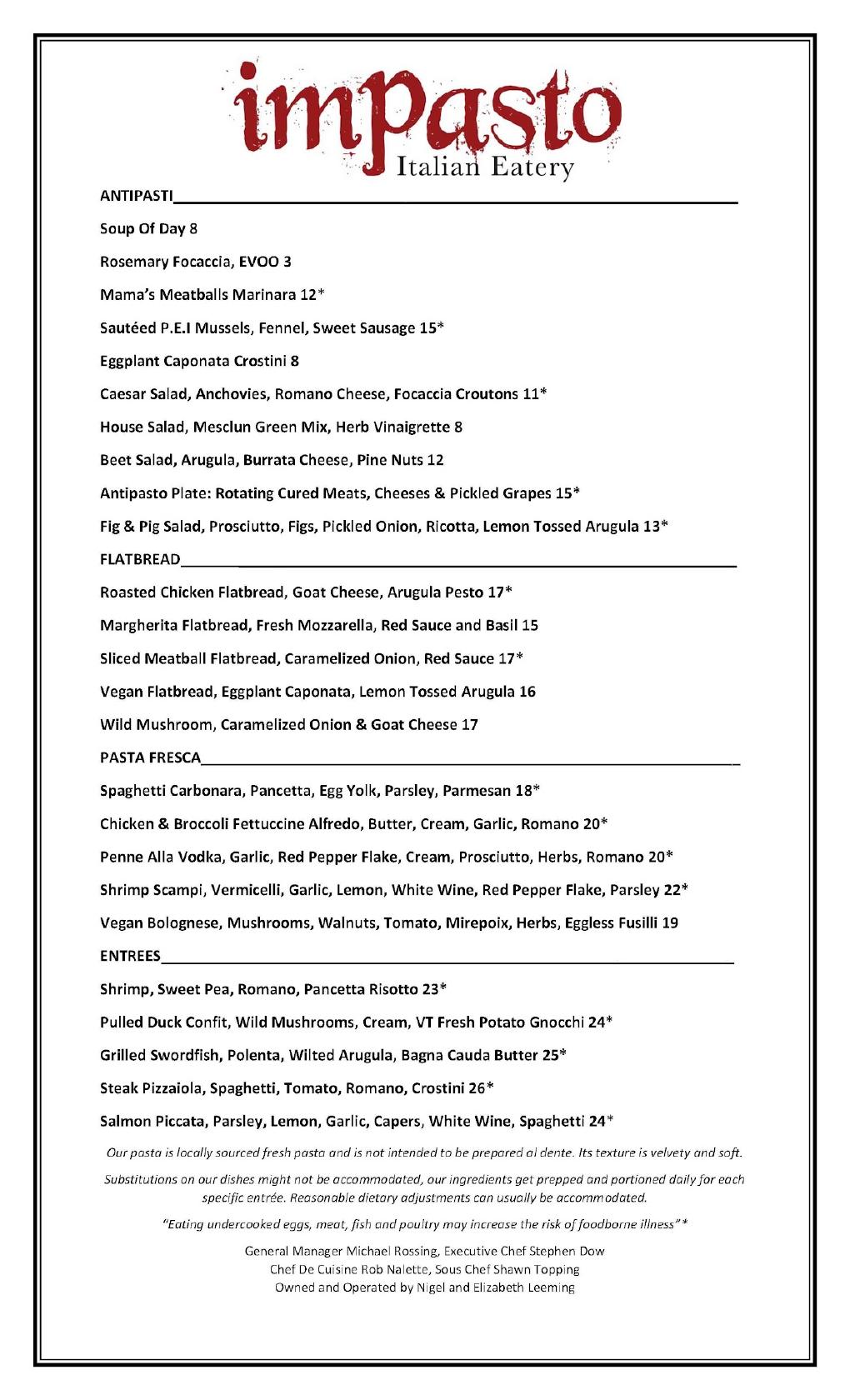 Menu at Impasto Italian Eatery pub & bar, Hanover