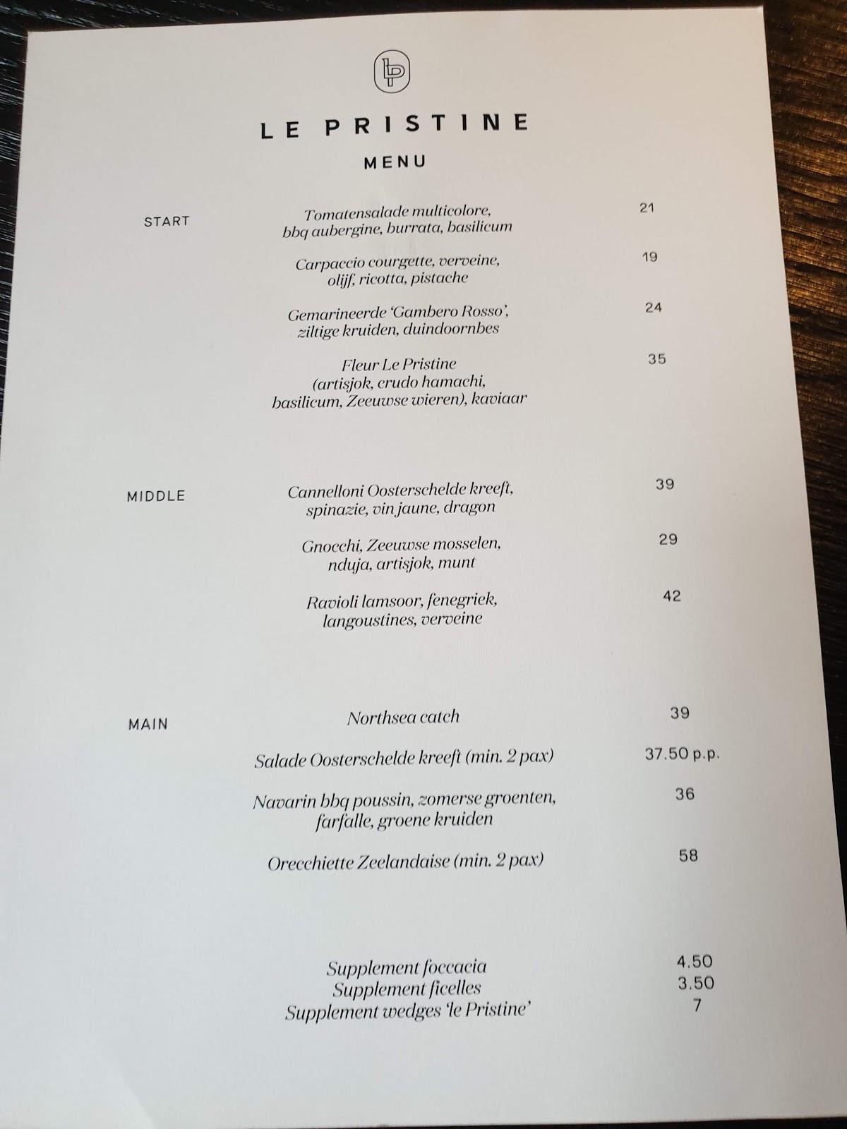 Menu au Le Pristine, Anvers