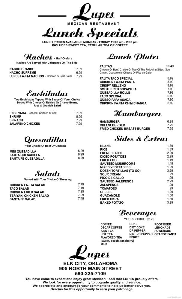 Menu at Lupes Mexican restaurant, Elk City