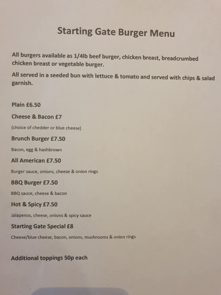 Menu at Starting Gate Redcar pub & bar, Redcar