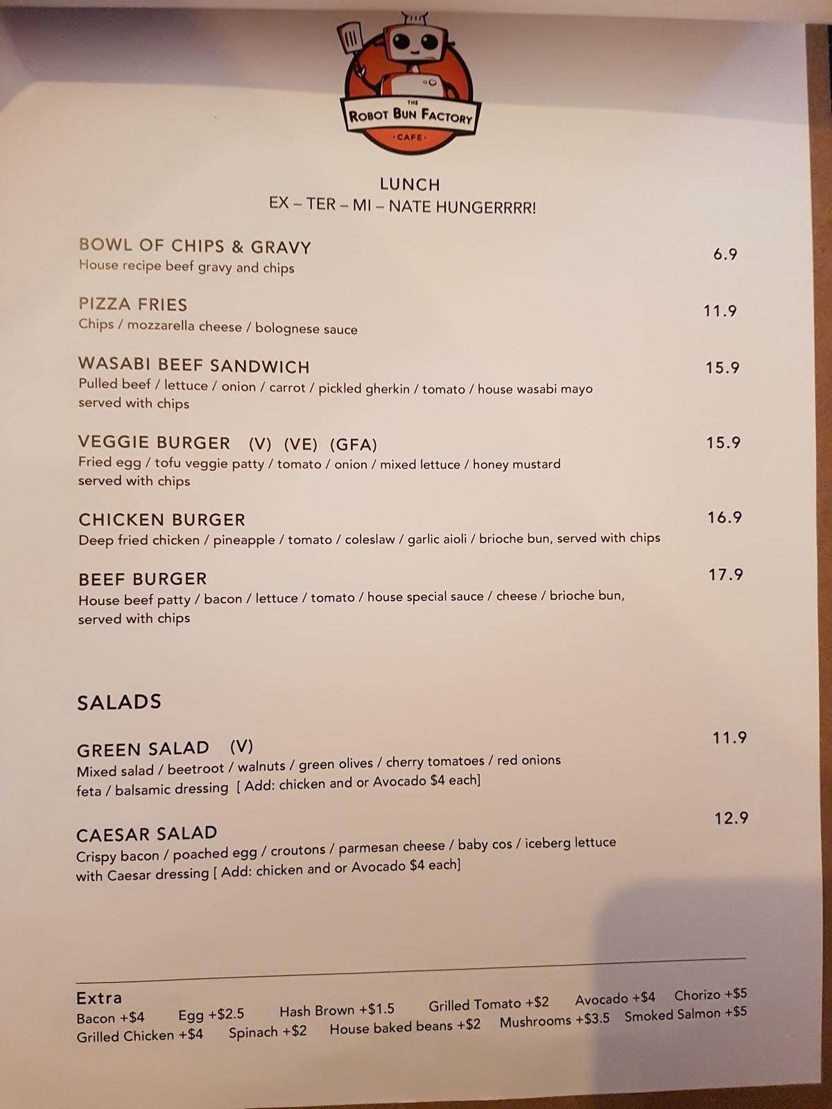 Menu at The Robot Bun Factory Cafe, Midland