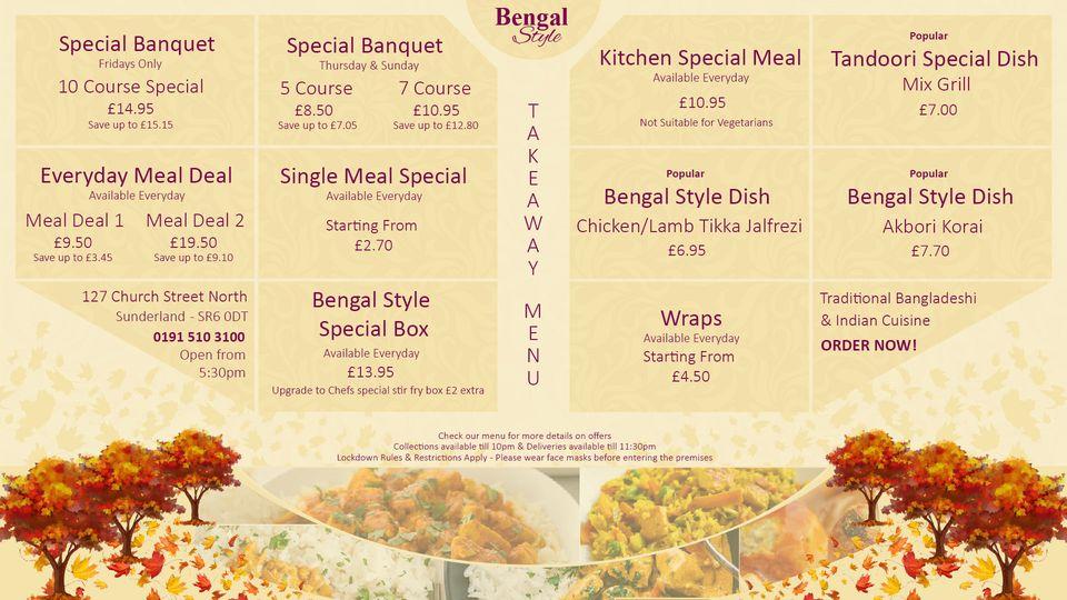 Menu at Bengal Style fast food, Sunderland, 127 Church St N