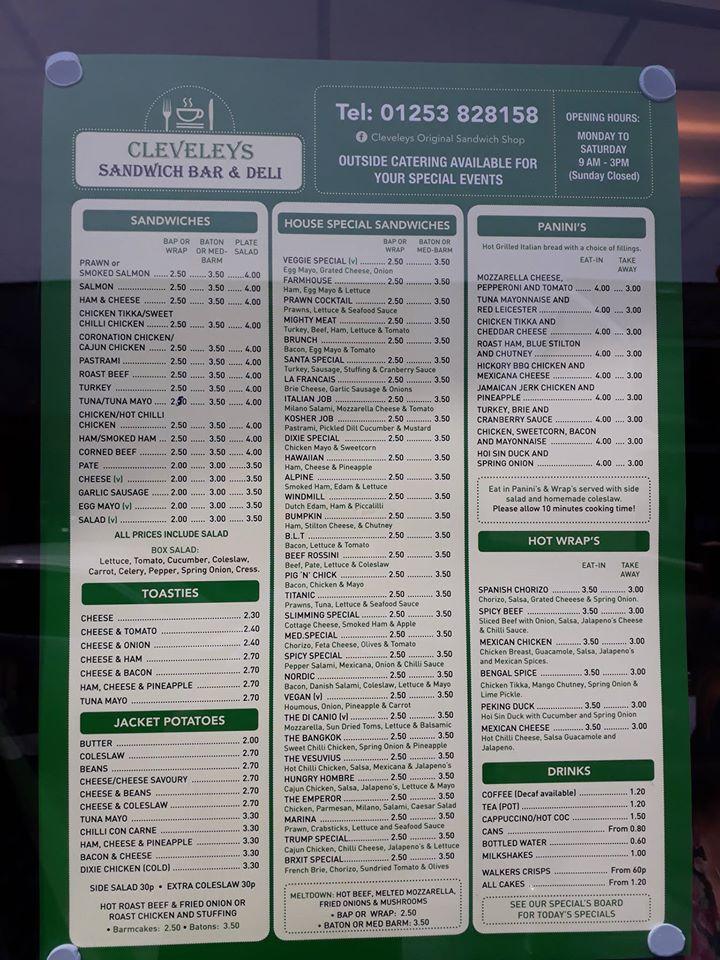 Menu at Cleveleys Delicatessen cafe, Blackpool