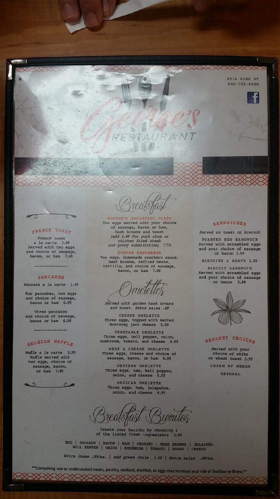Menu at George's Restaurant, Lubbock, 82nd St A
