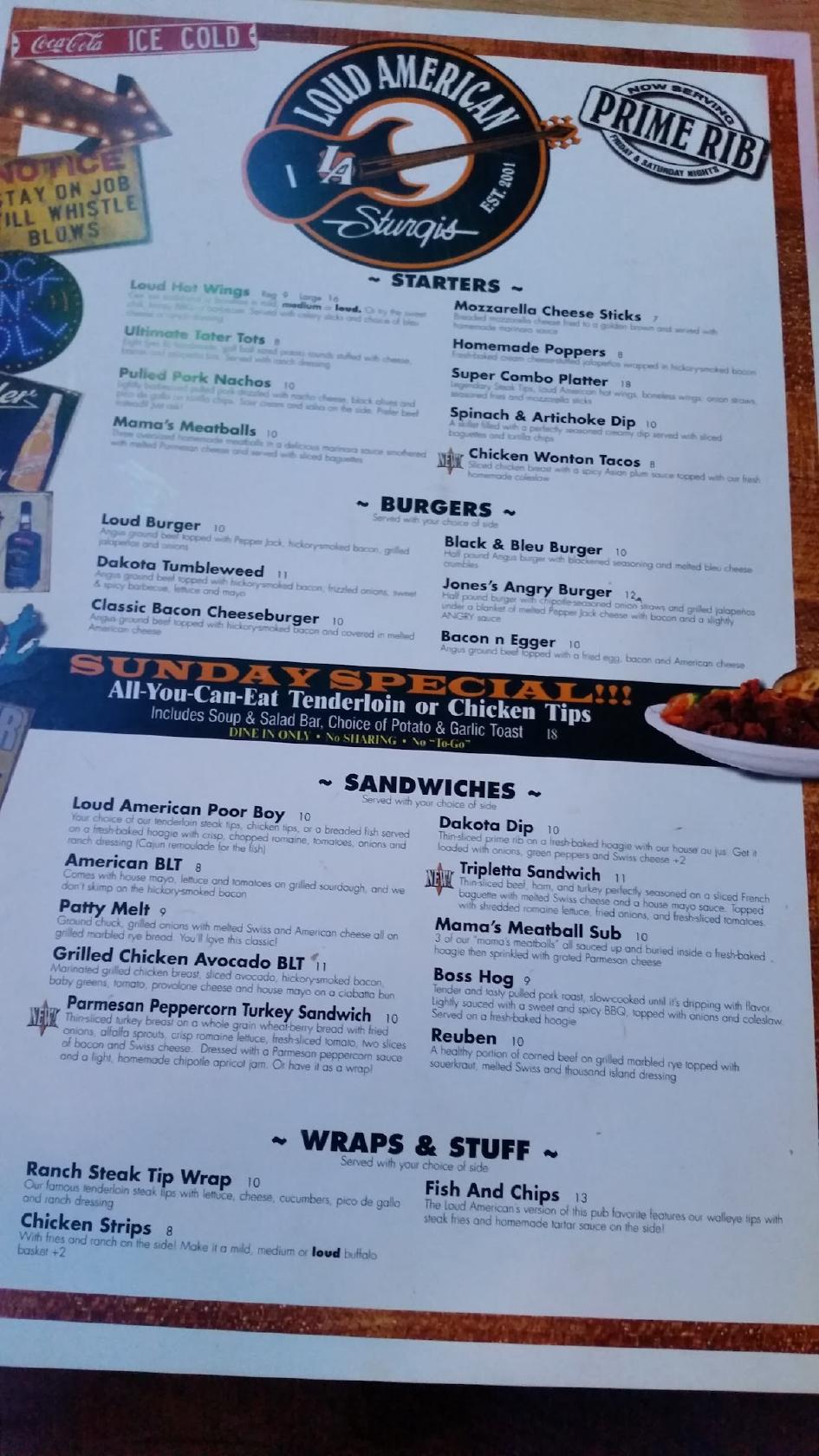 Menu at Loud American Roadhouse pub & bar, Sturgis