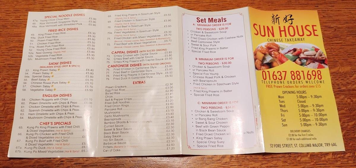 Menu at Sun House fast food, Saint Columb Major