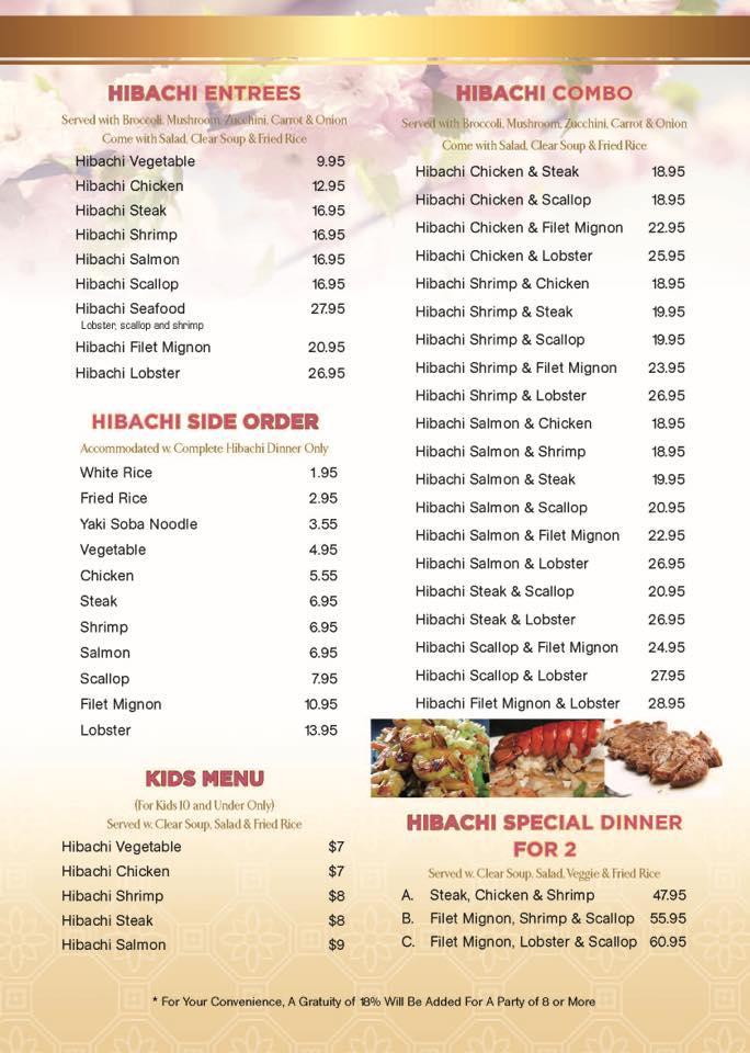 Menu at Tokyo restaurant, Junction City
