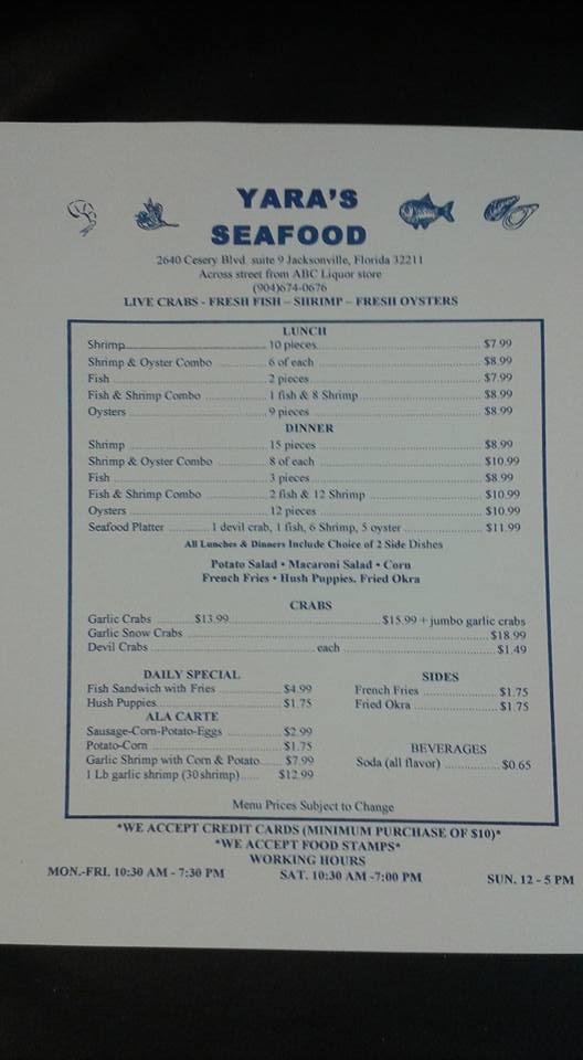 Menu at Yara's Seafood restaurant, Jacksonville, Cesery Blvd # 9