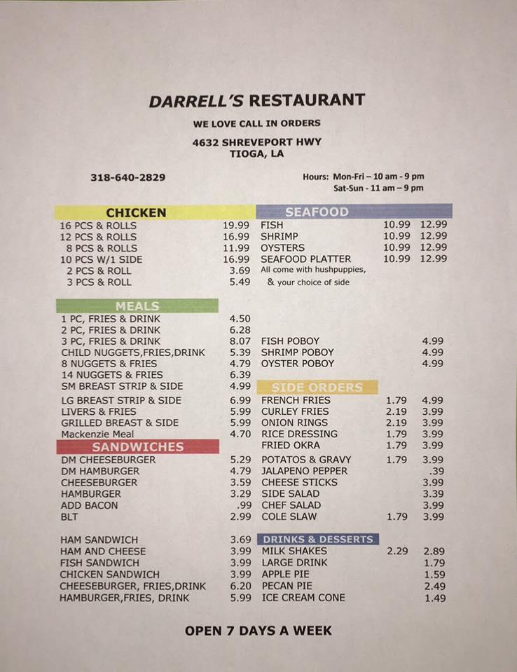 Menu at Darrell's Restaurant, Pineville