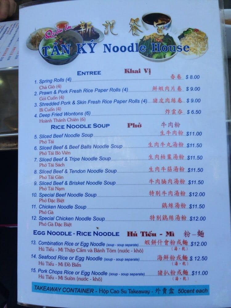 Menu at Tan Viet Noodle House restaurant, Cabramatta, 100 John St