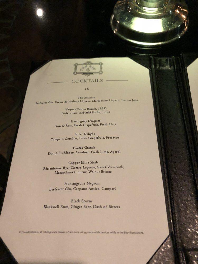 Menu at The Big 4 restaurant, San Francisco
