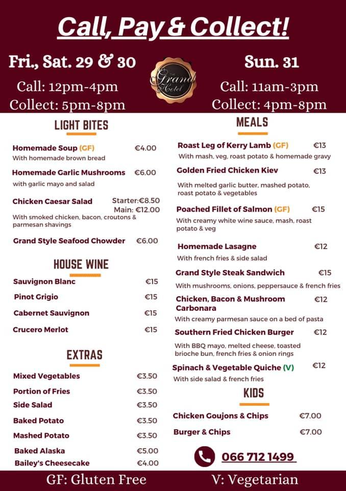 Menu at The Grand Hotel cafe, Tralee
