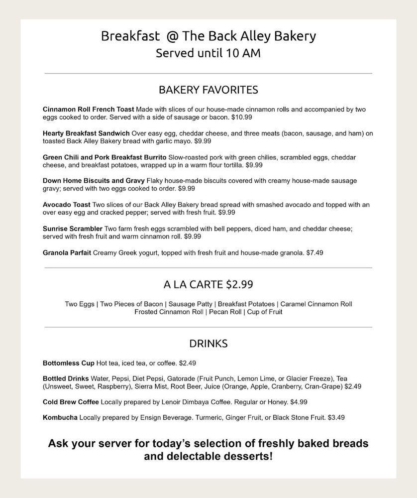 Menu at Back Alley Bakery, Hastings