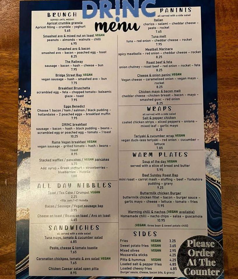Menu at DRINC cafe, Ramsbottom