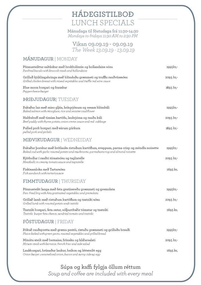 Speisekarte von Geysir Bistro Reykjavík restaurant, Island