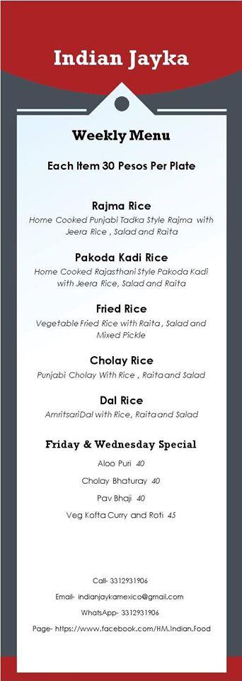 Menu at Indian Jayka restaurant, Tlaquepaque