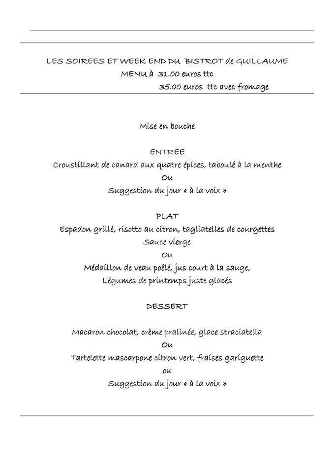 Menu au Le Bistrot de Guillaume restaurant, Moulins