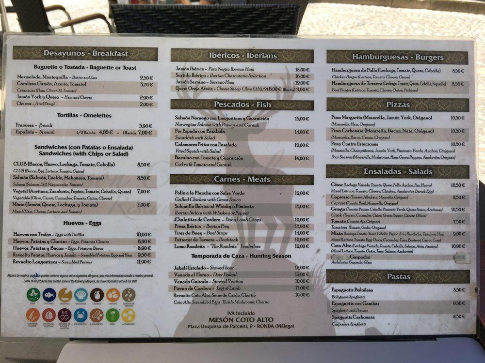 Carta del pub y bar Mesón El Coto Alto, Ronda