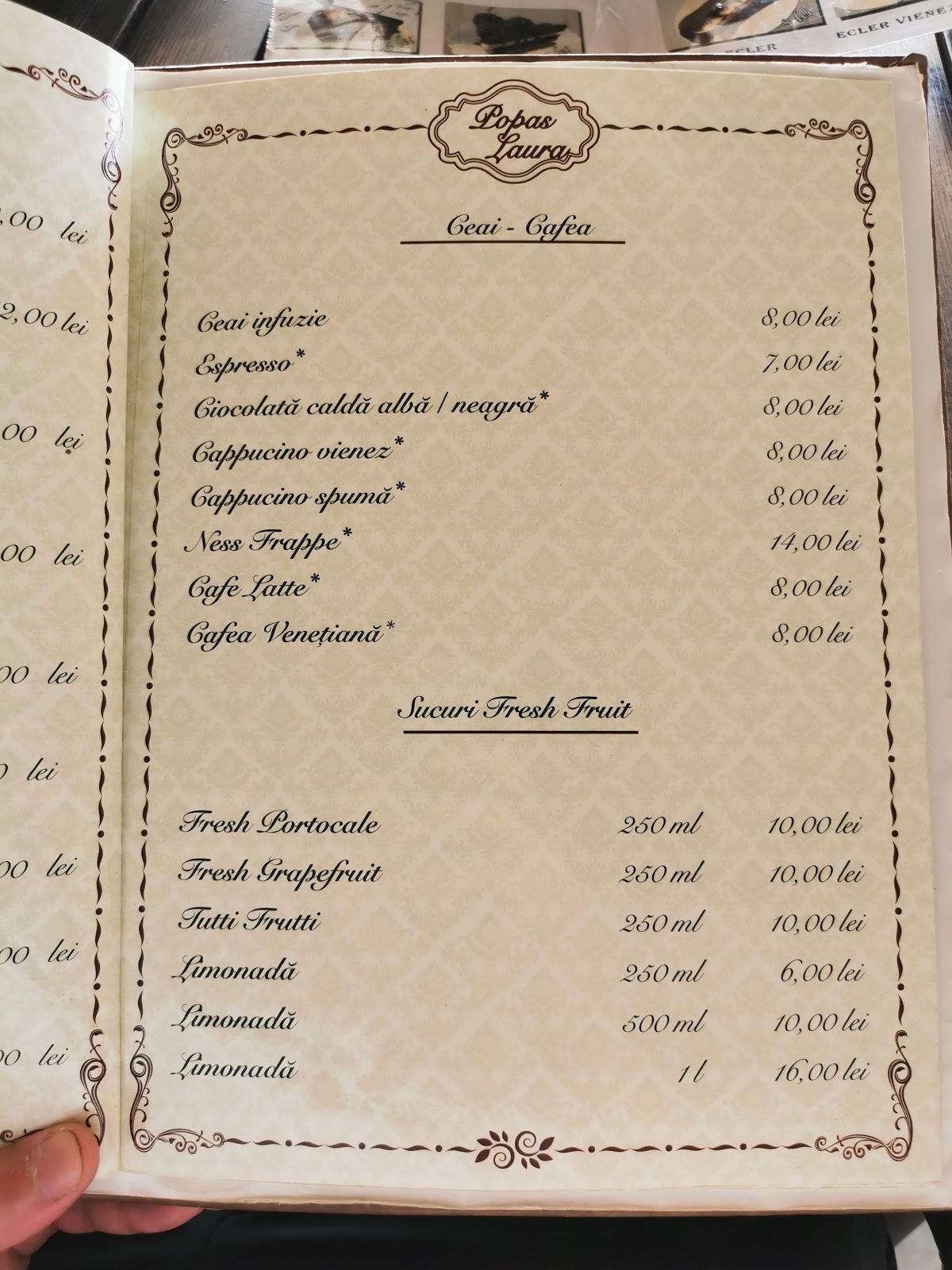 Menu at Popas Laura, Greci