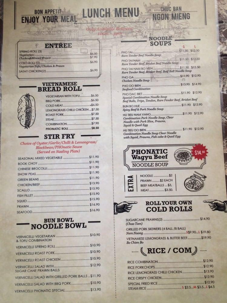 Menu at Phonatic Restaurant, Adelaide