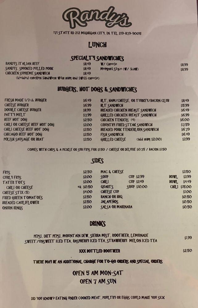 Menu at Randy's Diner fast food, Michigan City