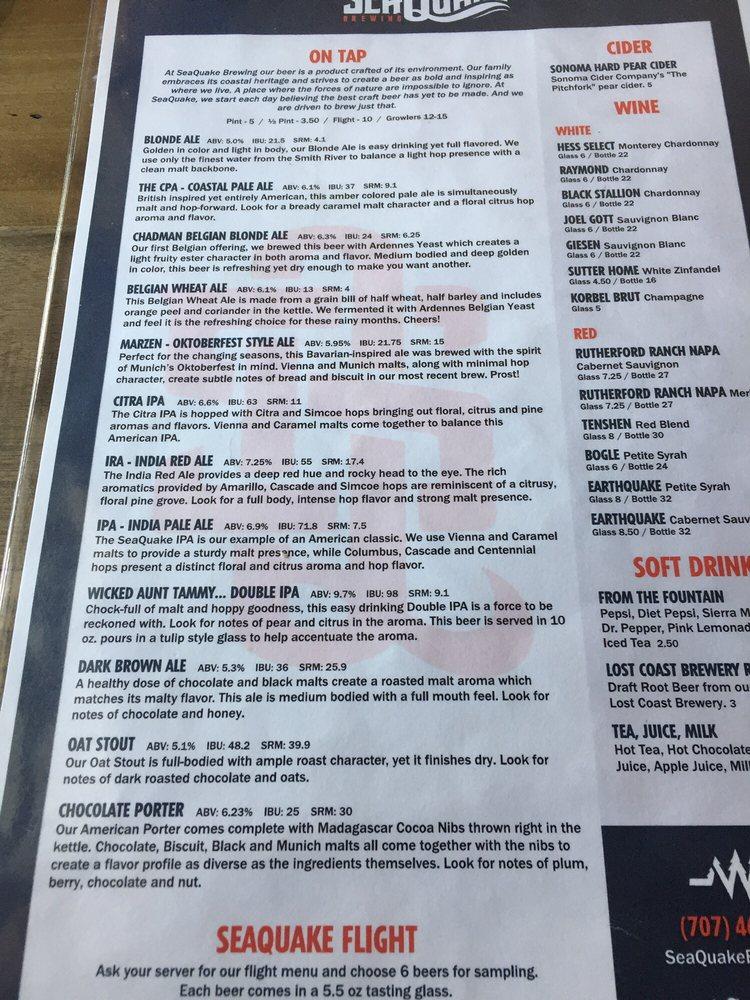 Menu at SeaQuake Brewing pizzeria, Crescent City