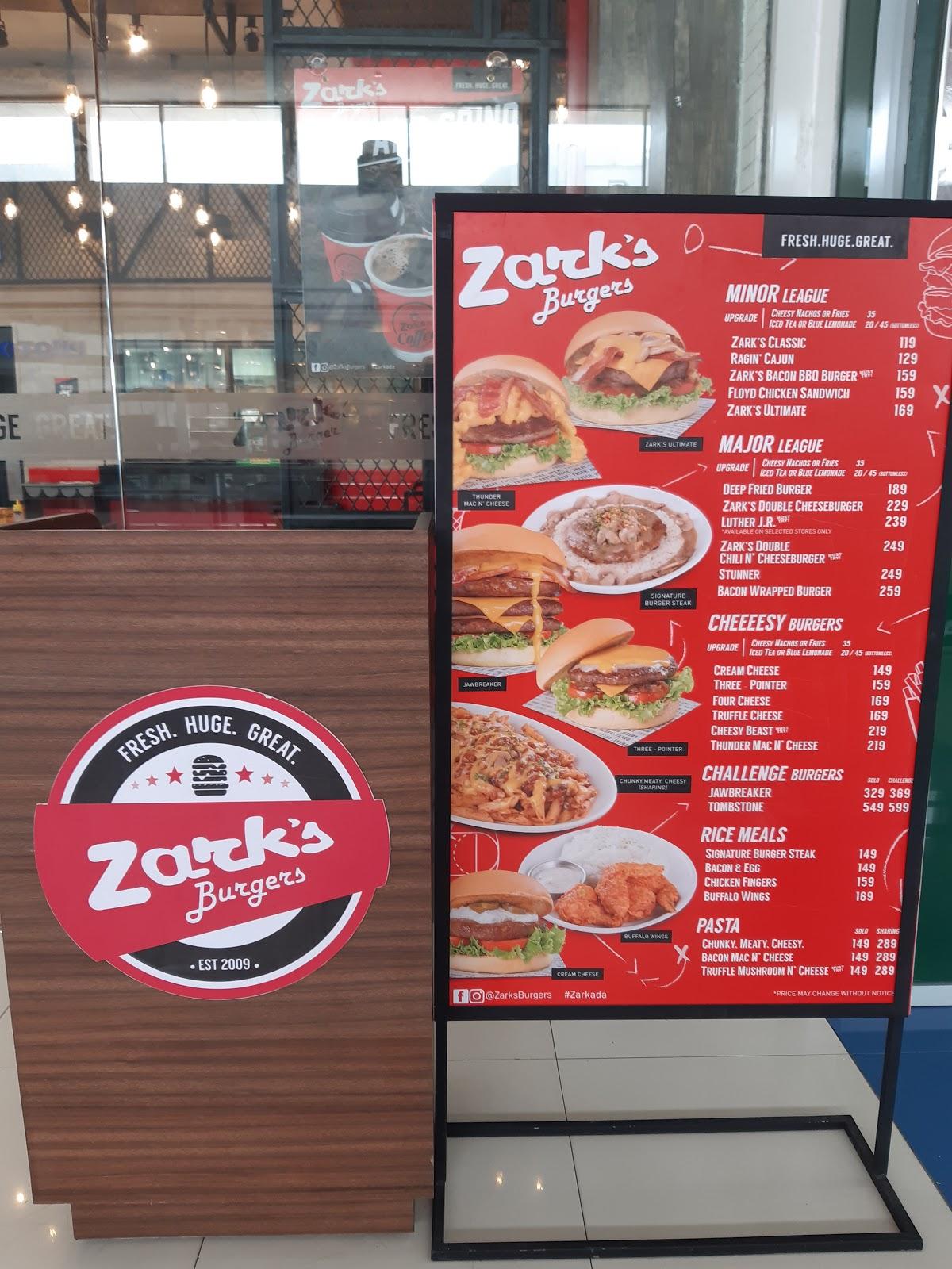 Menu at Zark's Burgers restaurant, Naga