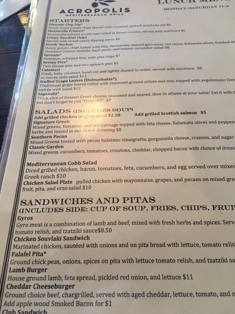 Menu at Acropolis Grill restaurant, Chattanooga