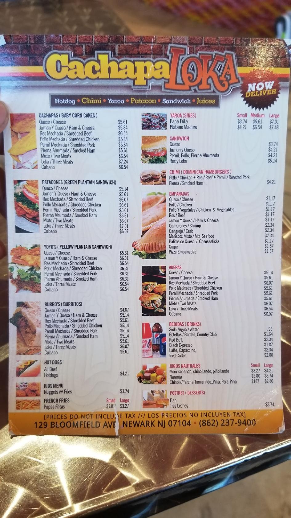 Carta de comida rápida Cachapa Loka, Newark
