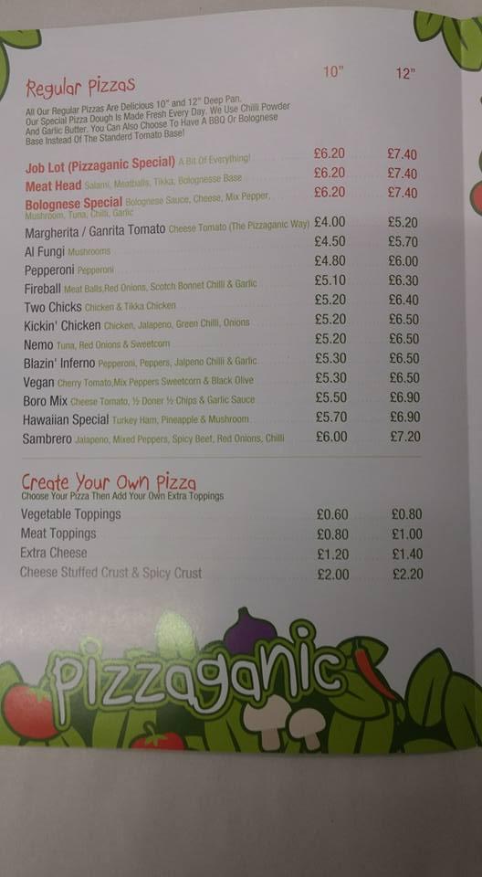 Menu at Pizzaganic pizzeria, Middlesbrough