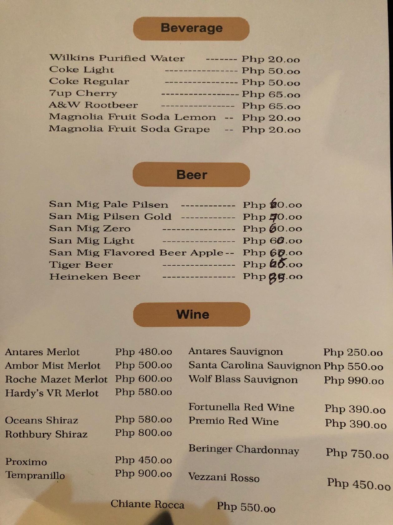 Menu at Sarsa De Ambrose restaurant, Davao City