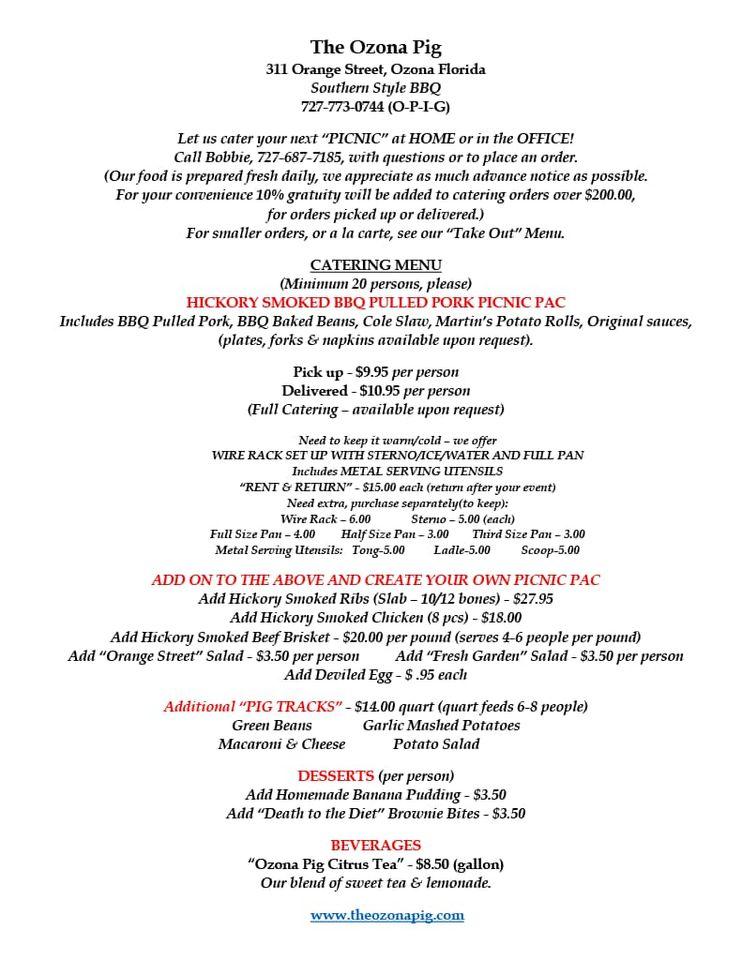Menu at The Ozona Pig BBQ, Palm Harbor