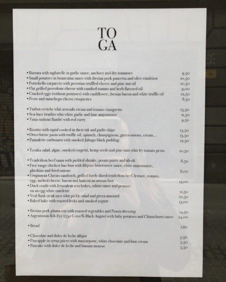 Menu at Toga Restaurante, Madrid, C. de Juanelo