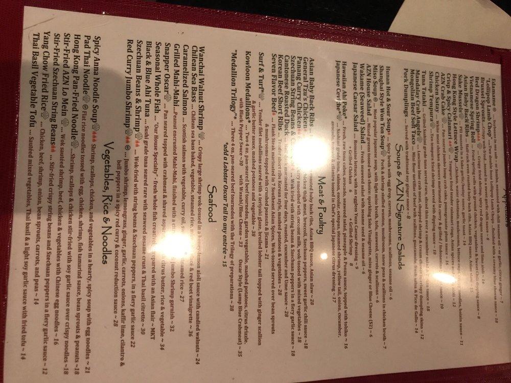 Menu at AZN Azian Cuizine restaurant, Naples