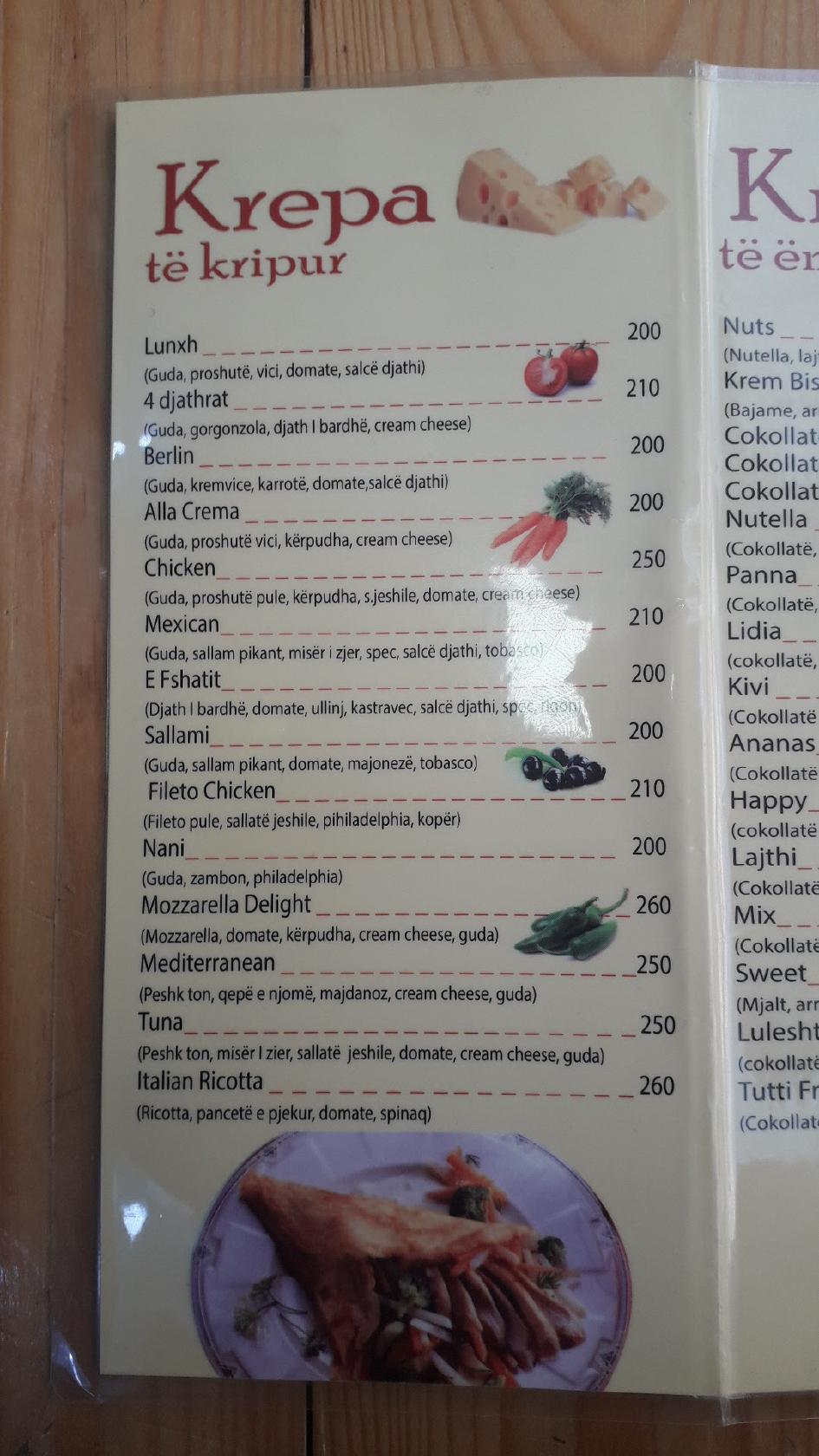 Speisekarte von Aksa hallall pica krepa restaurant, Tirana