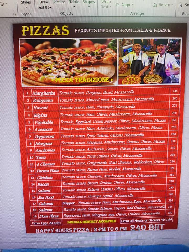 Menu at Dom Pizza restaurant, Pattaya City
