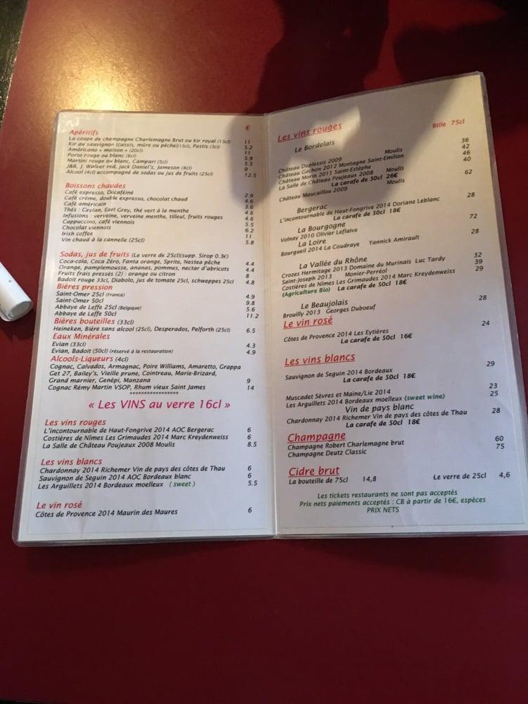 Menu at Le Consulat restaurant, Paris, 18 Rue Norvins