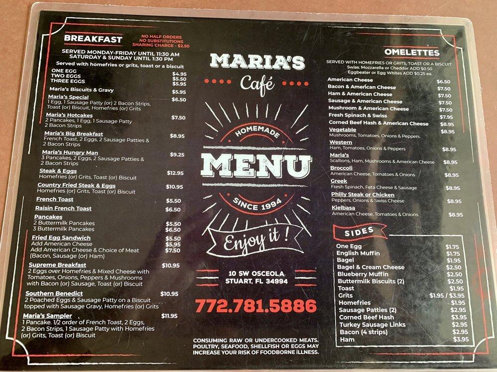 Menu at Maria's Cafe, Stuart, 10 SW Osceola St